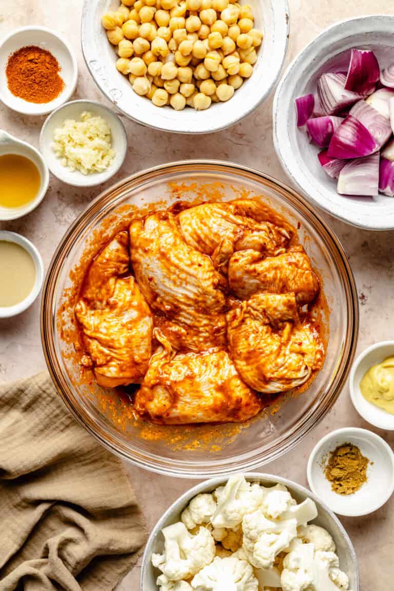 Sheet Pan Harissa Chicken Thighs and Veggies - All the Healthy Things