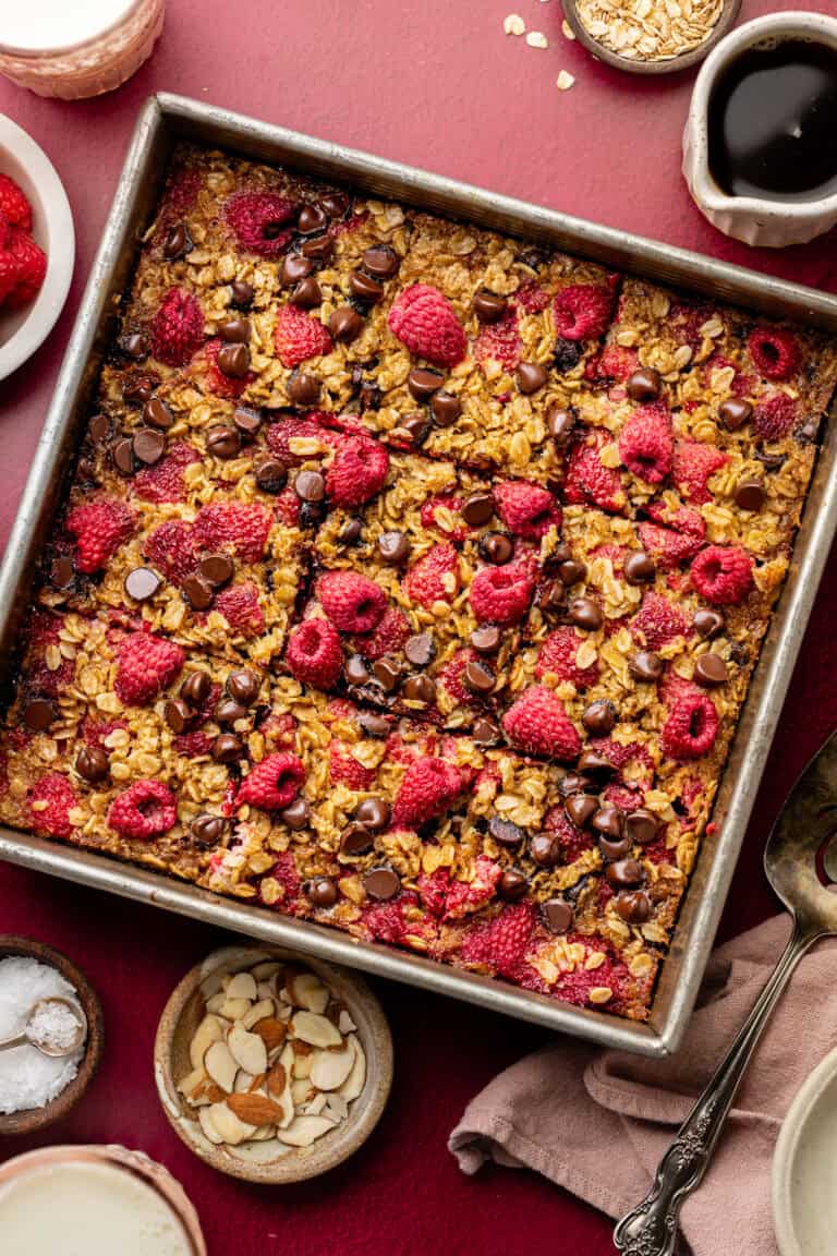 Raspberry Baked Oatmeal with Chocolate Chips - All the Healthy Things
