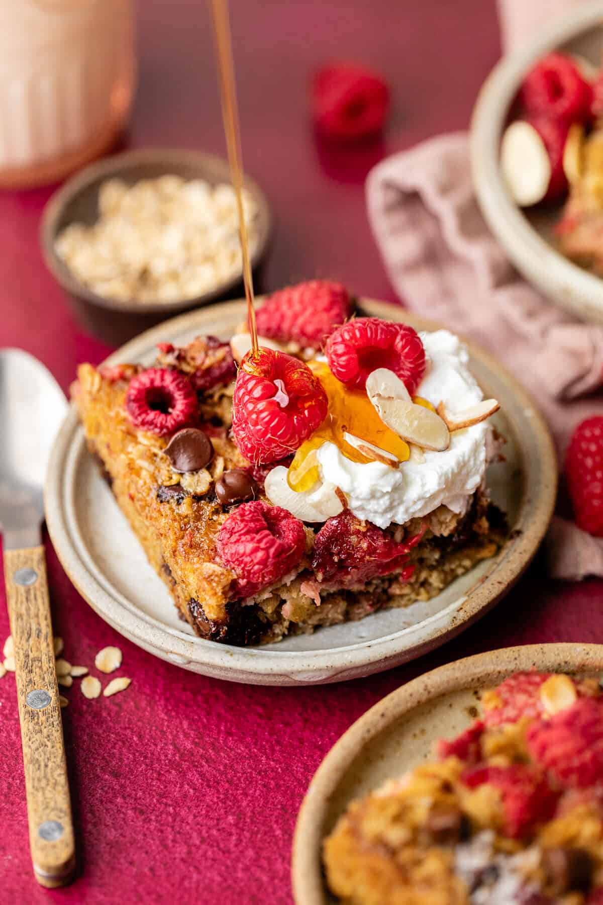 Raspberry Baked Oatmeal with Chocolate Chips - All the Healthy Things